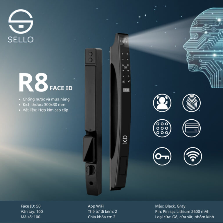 Khoá vân tay SELLO R8 FaceID lắp cửa nhôm kính chống nước